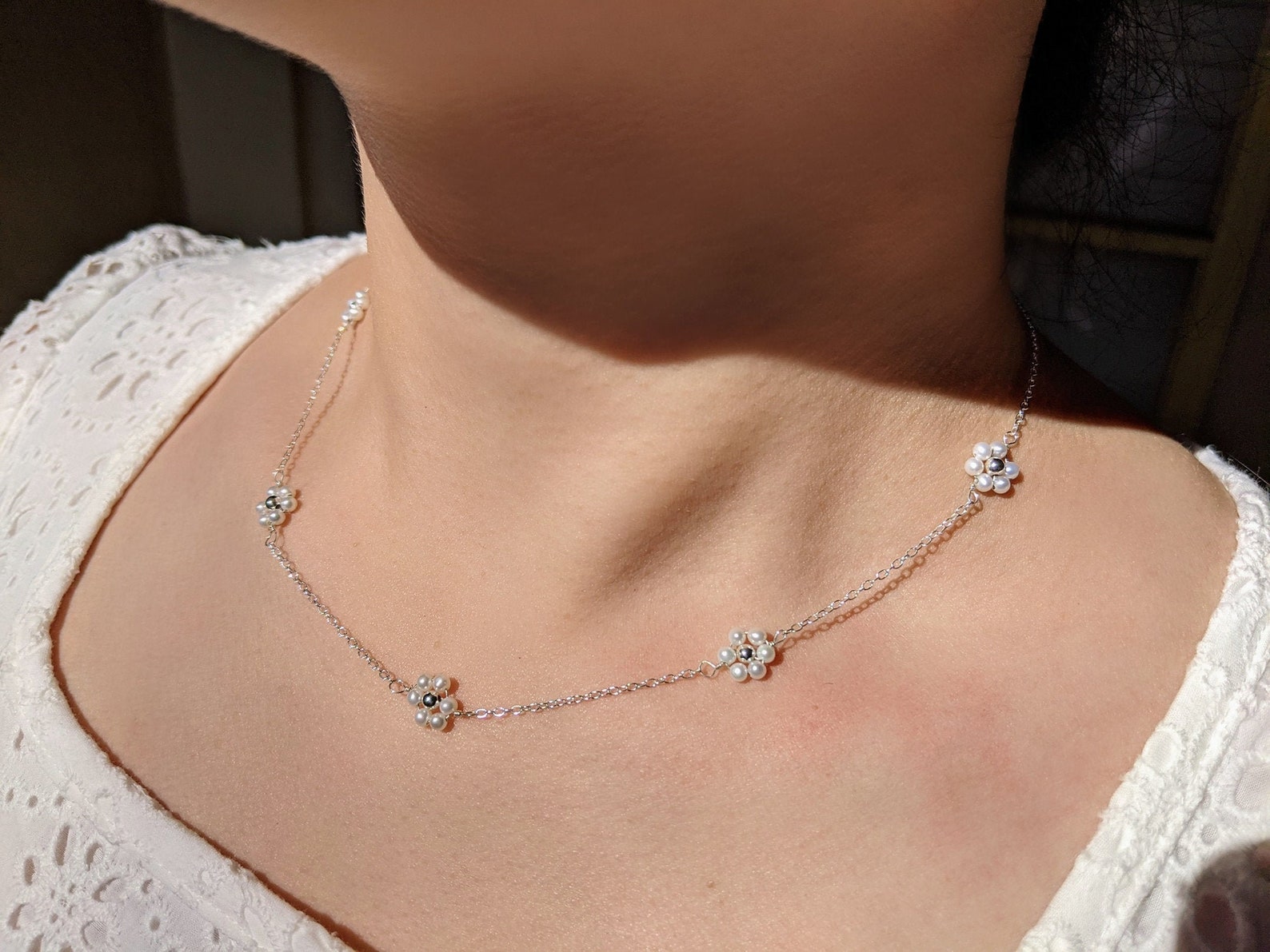 Daisy Pearl Necklace, Floral Necklace, Dainty Pearl Necklace, Sterling ...