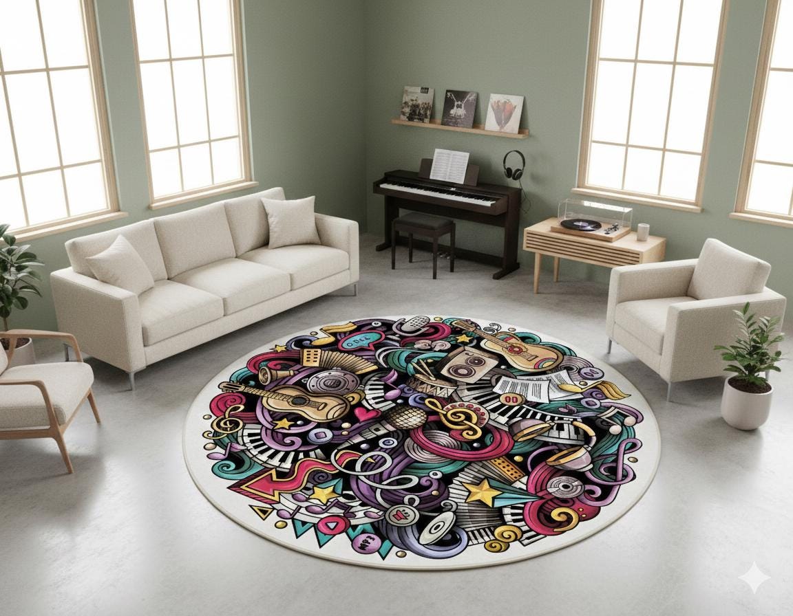 Round Music Doodle Rug, Colorful Pop Art Area Rug, Music Room Decor ...