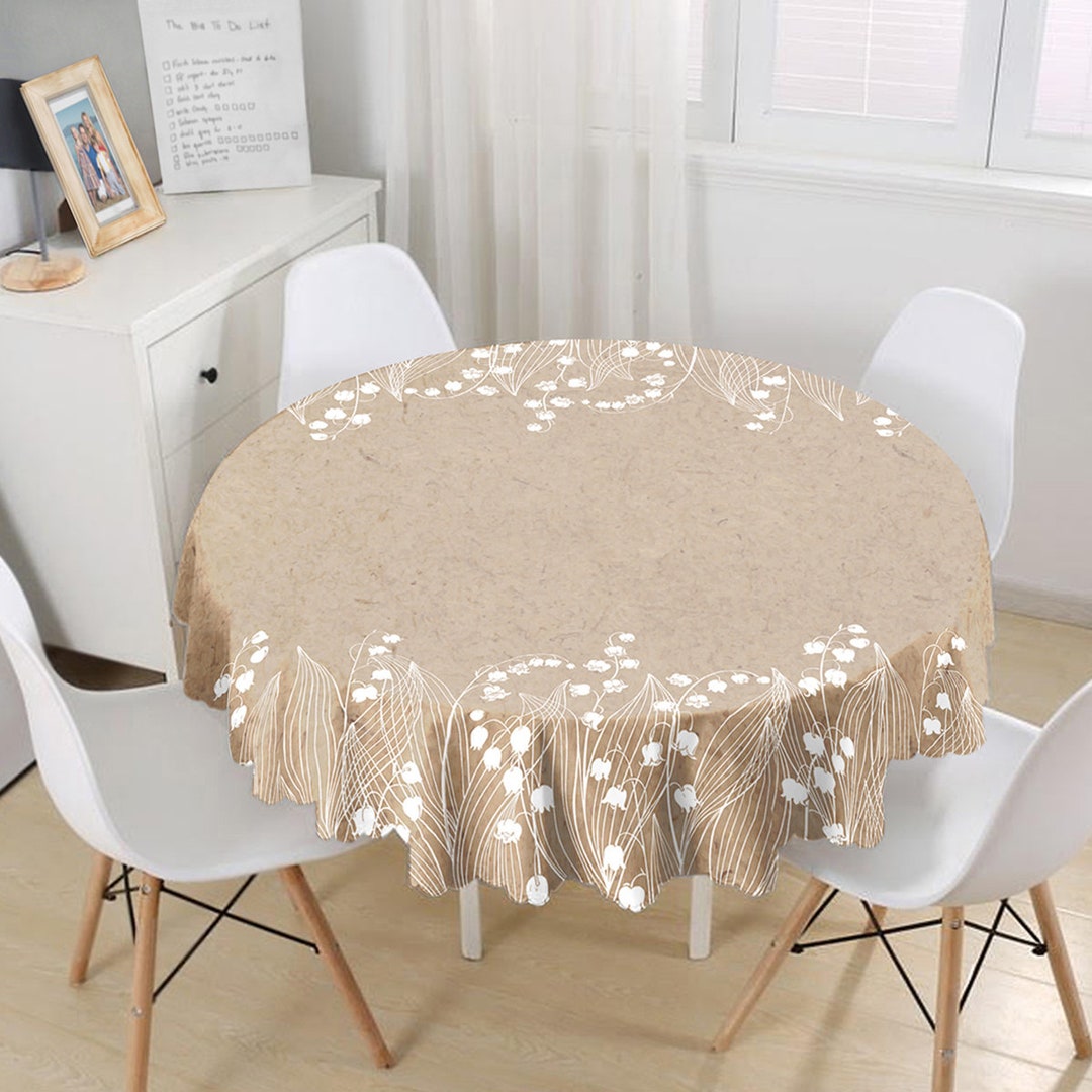 Round Brown Color Tableclothwhite Flower Round Table - Etsy