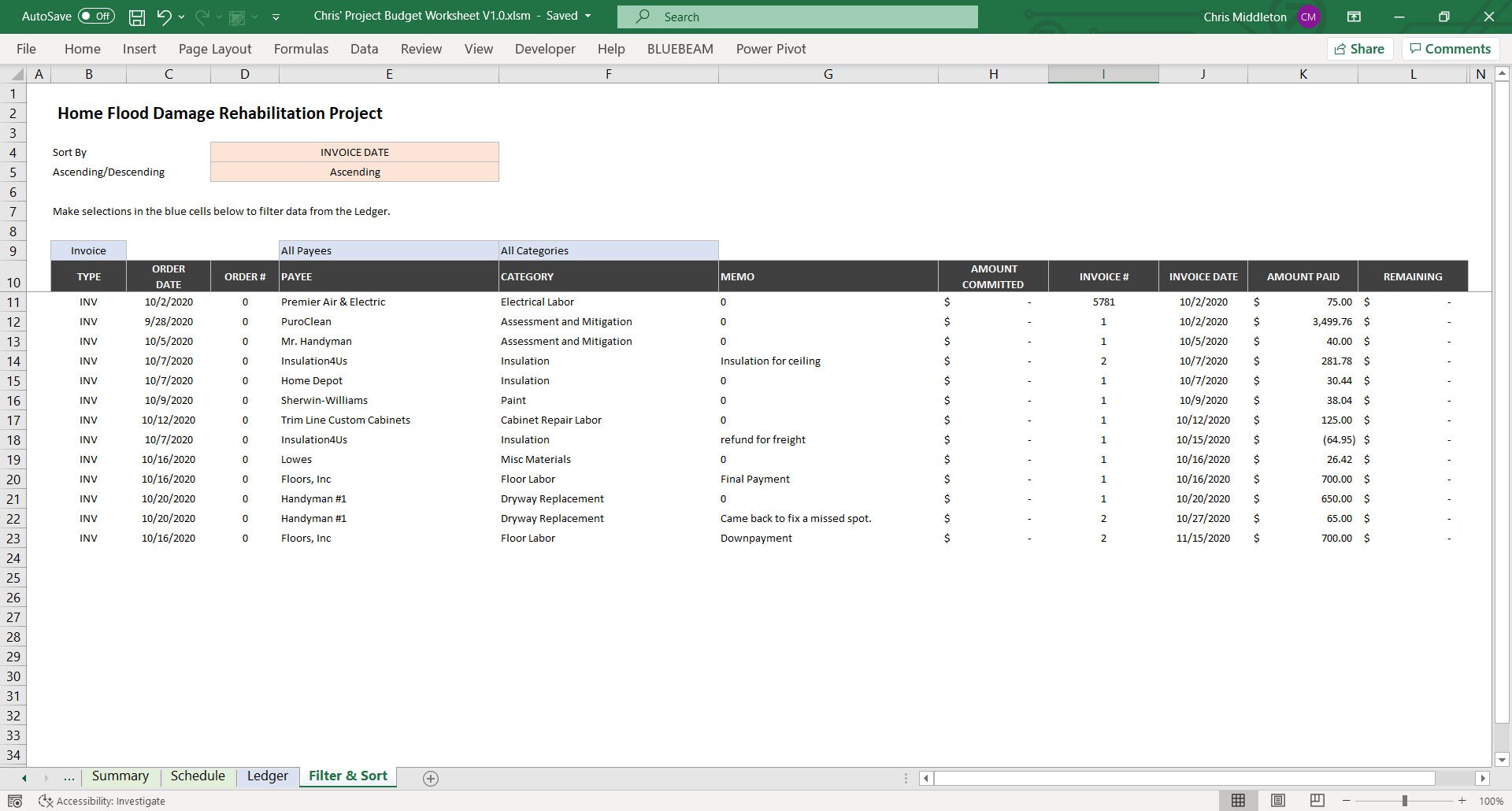 Project Cost Tracking Spreadsheet SIMPLE to Use INTUITIVE Layout ...