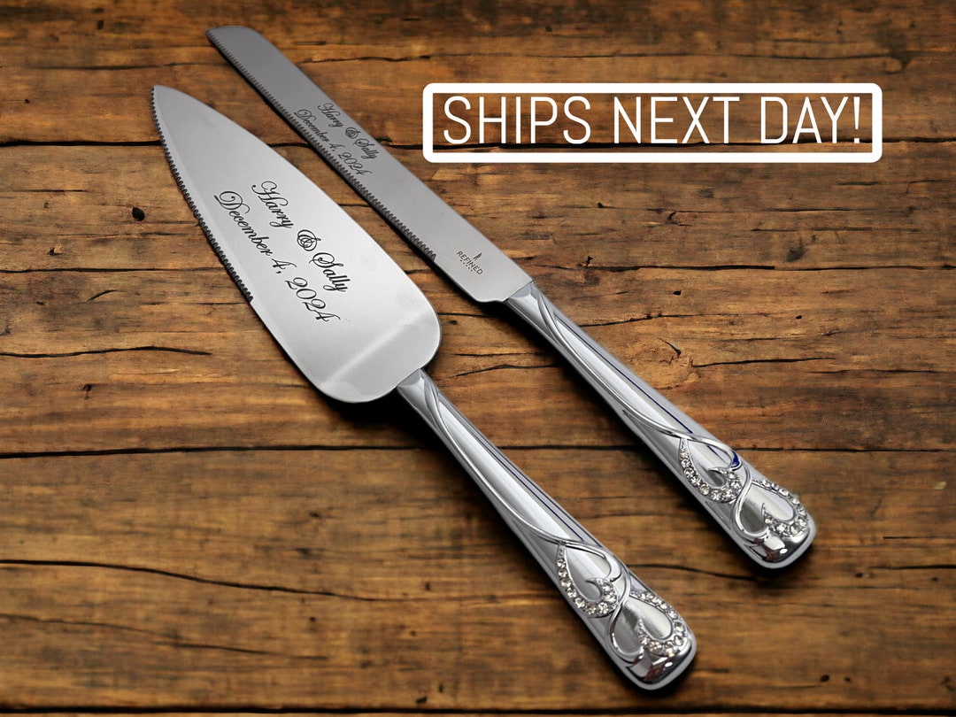Personalized Crystal Hearts Wedding Cake Knife and Server Set Elegant ...