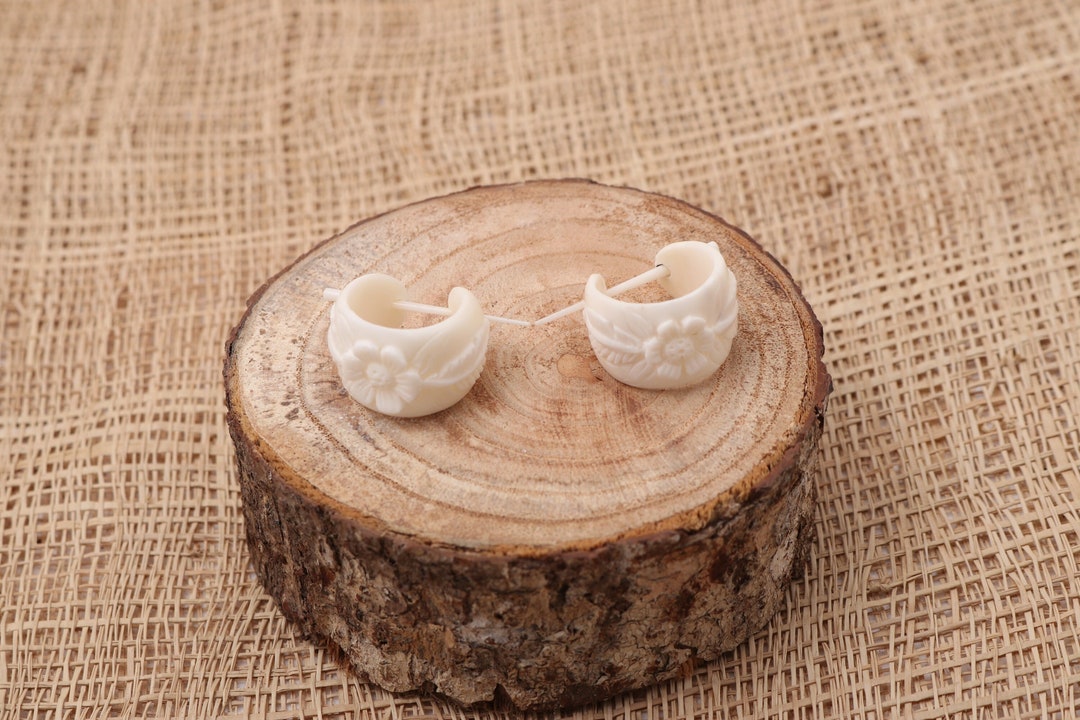 Flower Carving Bone Hoop Earrings, Small Hoop Earrings, Hand Carved Cow ...