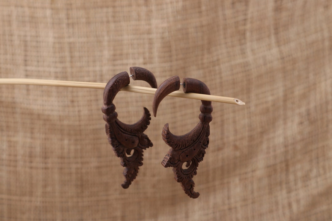 Balinese Carving Wood Fake Gauges, Handmade Earrings, Fake Gauge Wood ...