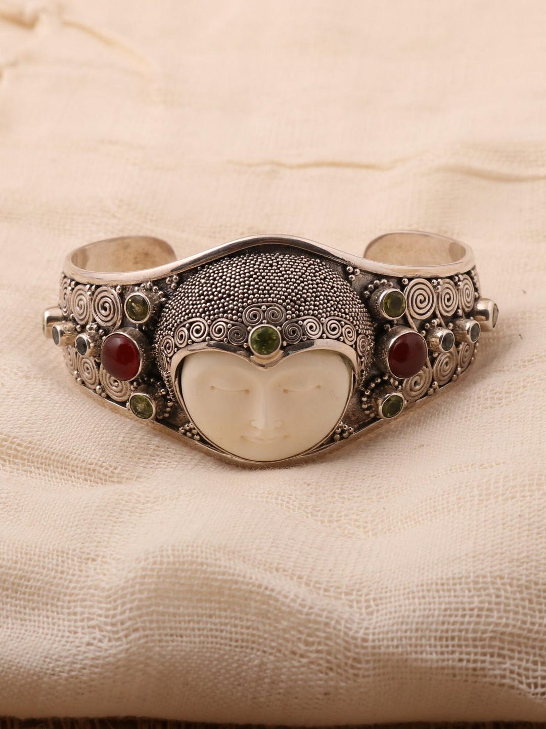 Moon Face Silver Bracelet, 925 Sterling Silver, Bone Carving ...