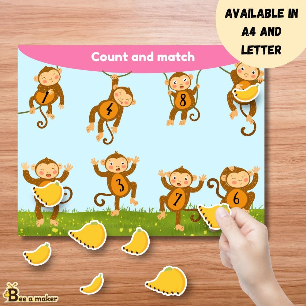 Monkey Counting Activity Busy Book Page | Count & Match Bananas ...