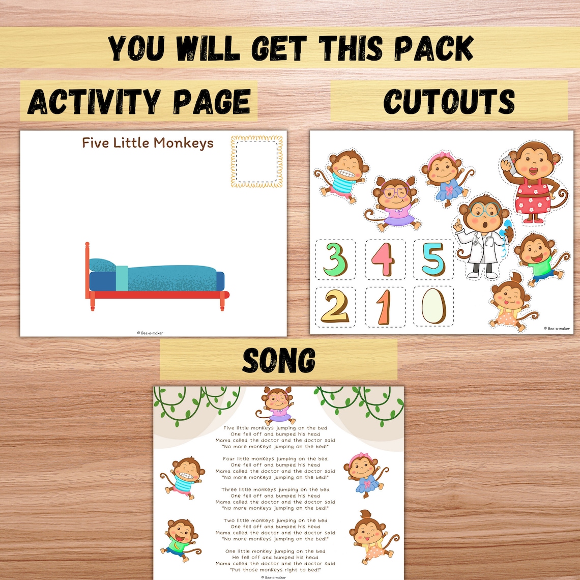 Five Little Monkeys Printable Nursery Rhyme Song Activity - Etsy
