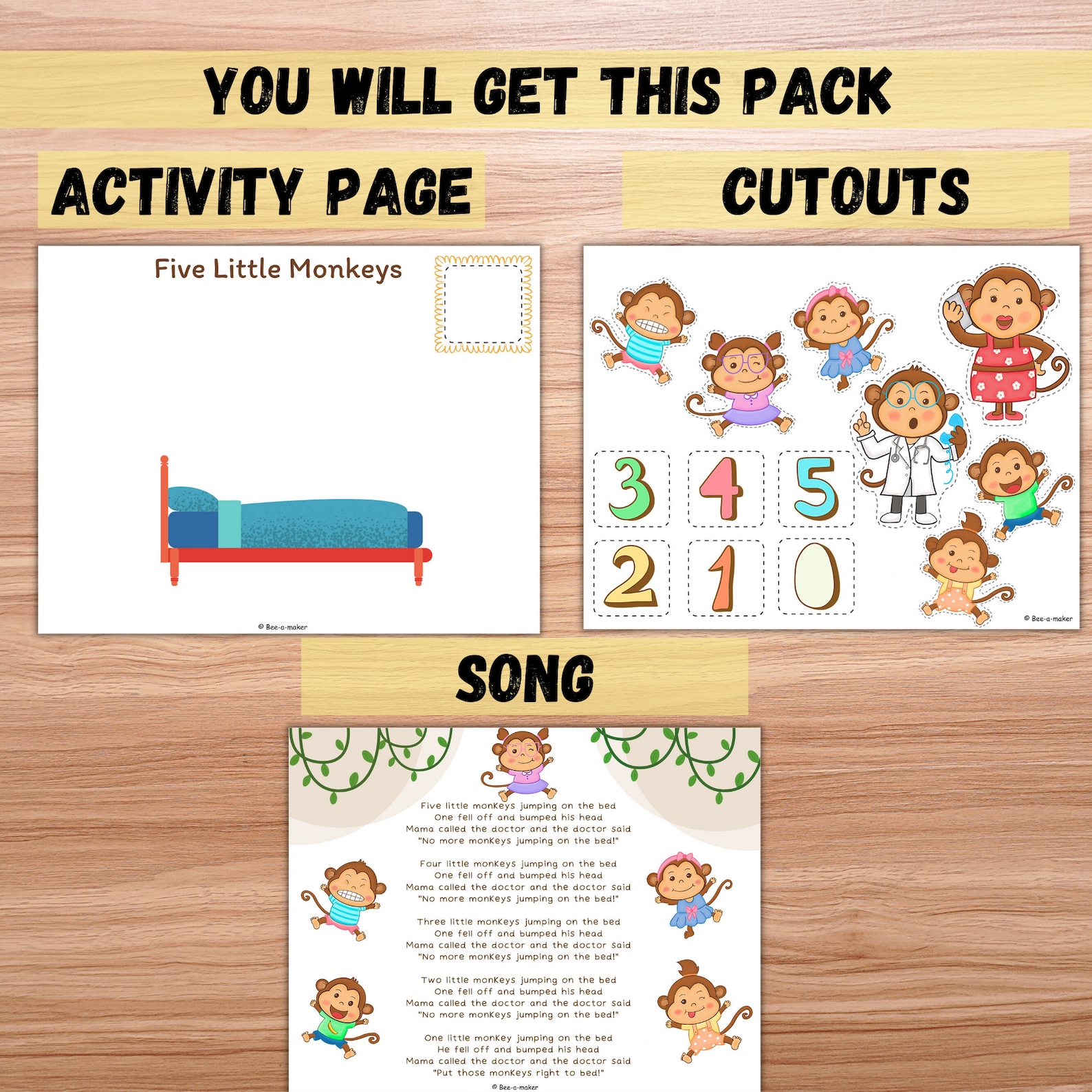 Five Little Monkeys Printable Nursery Rhyme Song Activity - Etsy