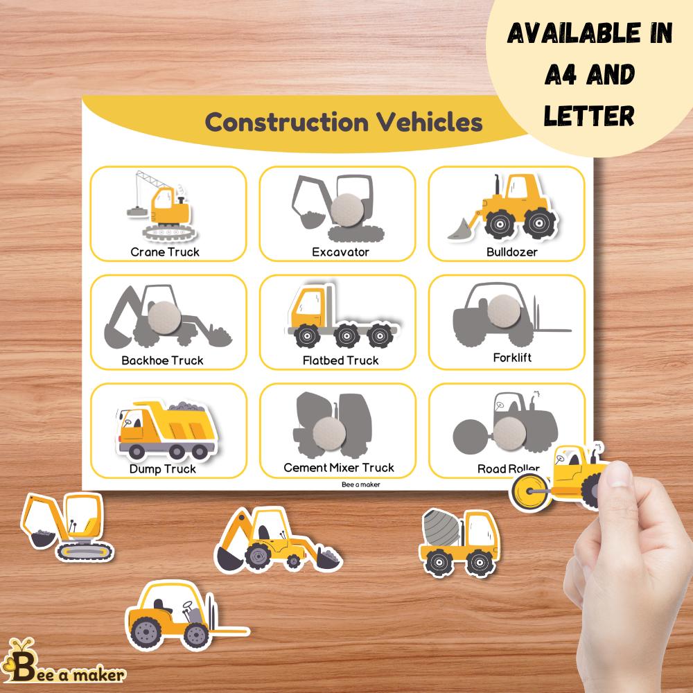 Construction Vehicles Busy Book Page | Printable Matching Game for Kids ...