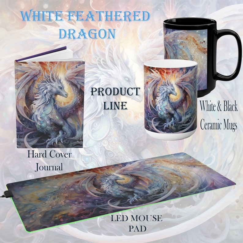 White Feathered Dragon Gaming Mouse Pad- LED RGB Desk Decor Fantasy ...