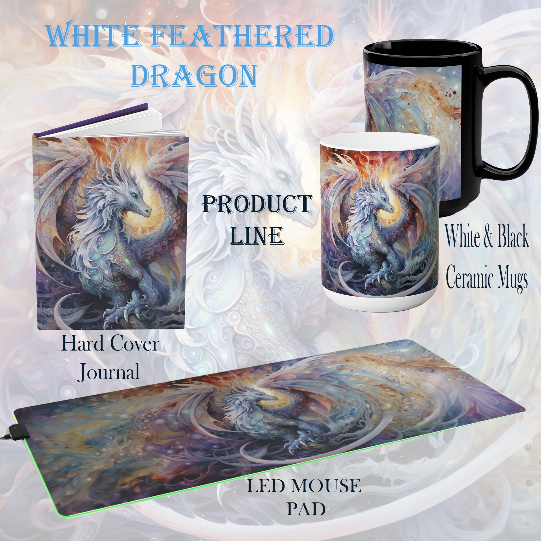 White Feathered Dragon Gaming Mouse Pad- LED RGB Desk Decor Fantasy ...