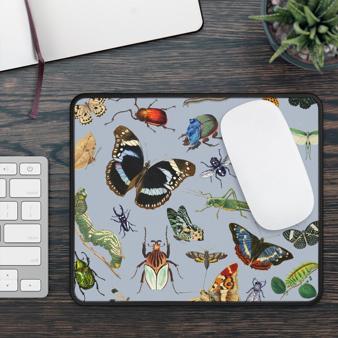 Bugs & Butterflies Desk Gaming Mouse Pad, BLUE Background, Colorful ...