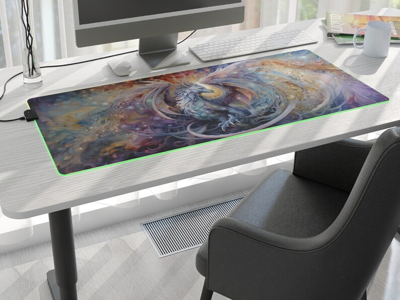 White Feathered Dragon Gaming Mouse Pad- LED RGB Desk Decor Fantasy ...