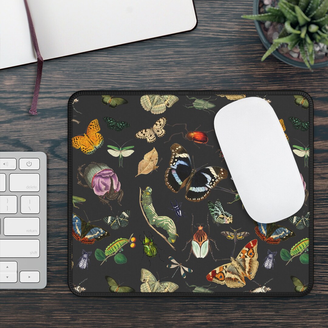 Bugs & Butterflies Desk Gaming Mouse Pad- Black Background, Colorful ...