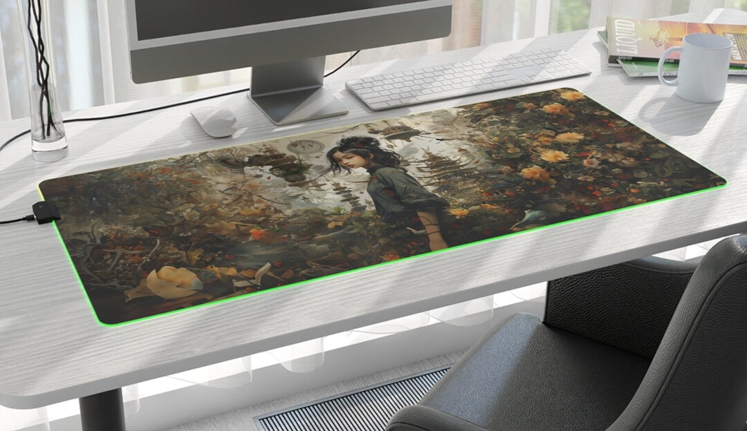 LED Gaming Mouse Pad, Vintage Asian Botanical Inspired Nature, Desk Mat ...