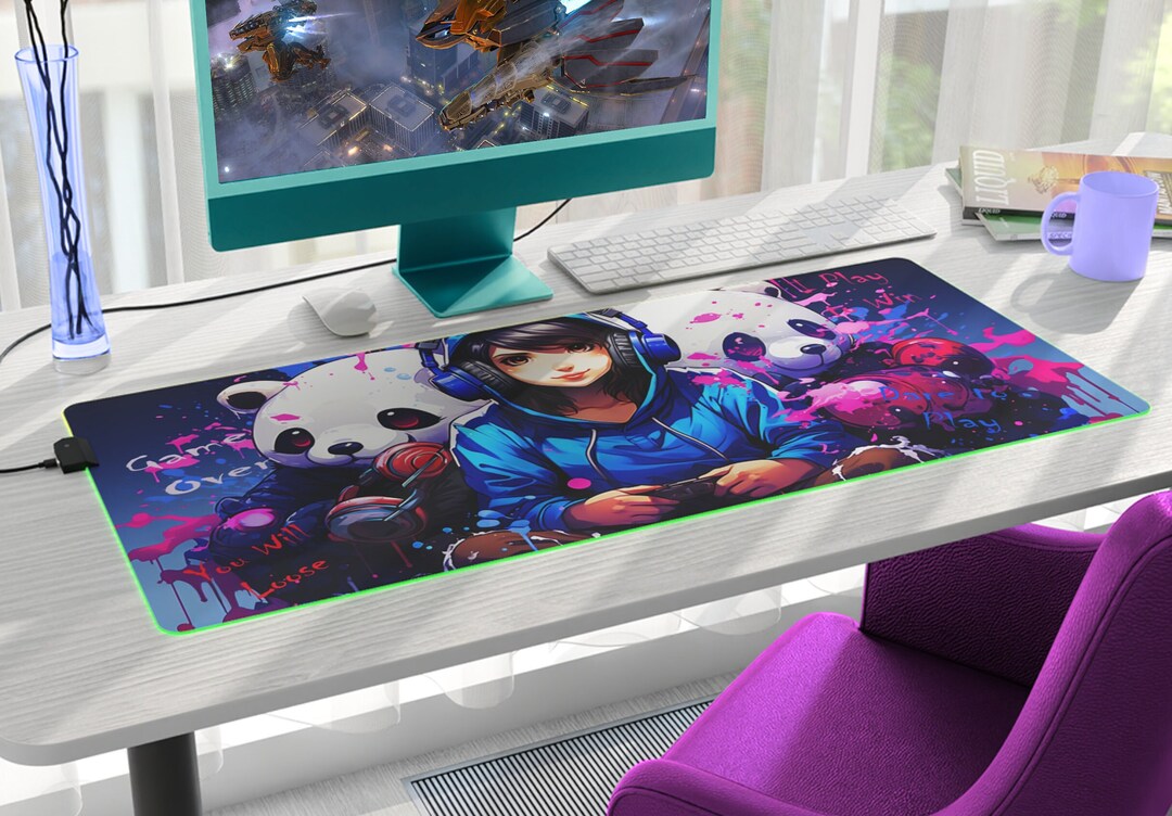 Gamer Panda Anime Mouse Pad - LED RGB Desk Mat, Gaming Desk Accessory ...