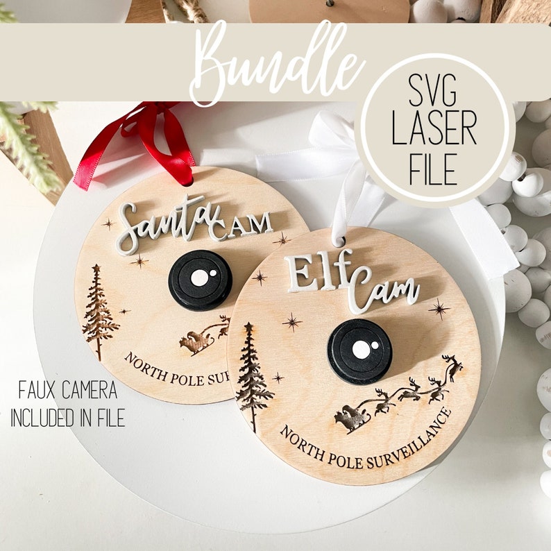 SVG Laser Cut File Santa/elf Cam Bundle + WOODEN LENSE | Christmas Tree ...