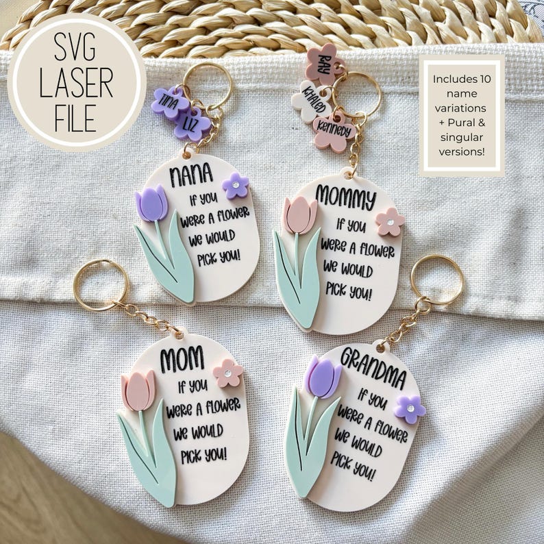 SVG Laser Cut File Mother's Day Flower Keychain | Children Name ...