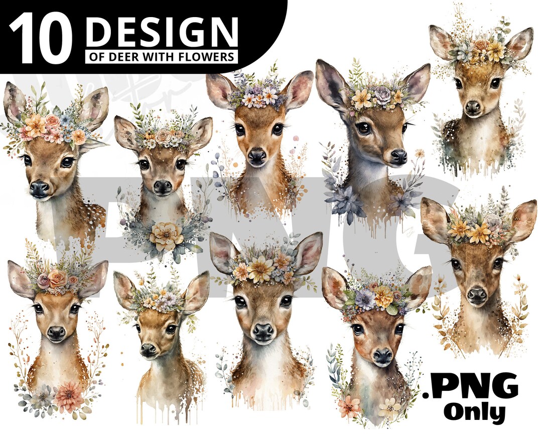 10 Design Watercolor of Deer With Flowers, Deer PNG, Watercolor Deer ...
