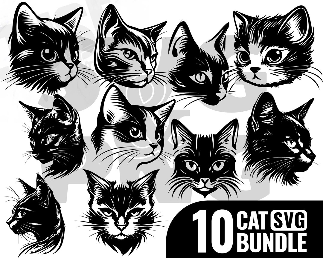 Paquete de 10 gatos de diseño svg, Gato svg, Gato PNG, Gato encantador ...