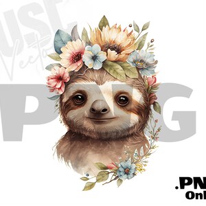 10 Design Watercolor of Sloth With Flowers, Sloth PNG, Watercolor Sloth ...