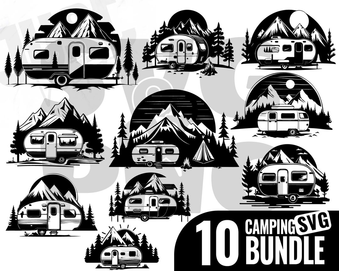 10 Design Camper Bundle Svg, Camping With Mountain Svg, Camper Svg Cut ...
