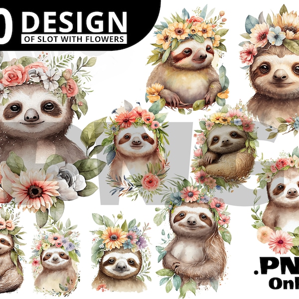 Sloth With Flowers Clipart - Etsy