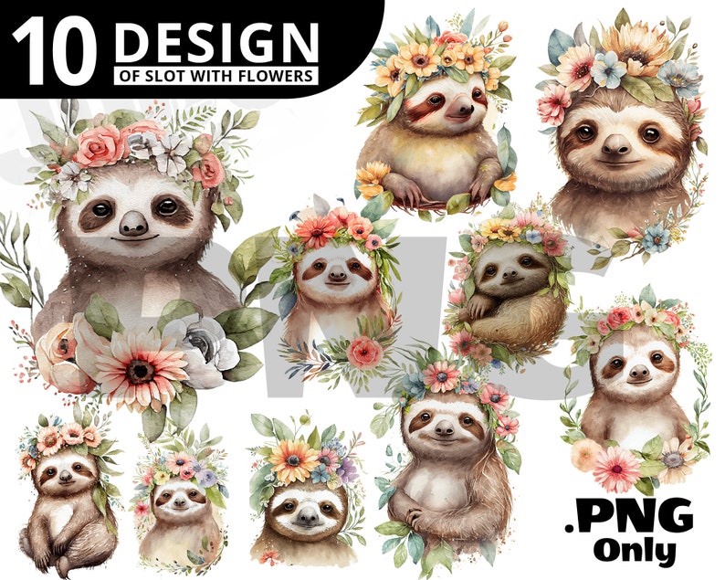 10 Design Watercolor of Sloth With Flowers Sloth PNG - Etsy