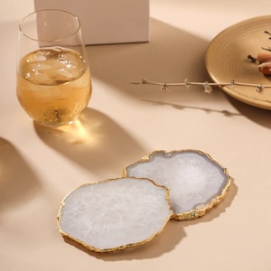 Natural White Agate Coaster | Gold Electroplated Coaster | Gift for Her ...