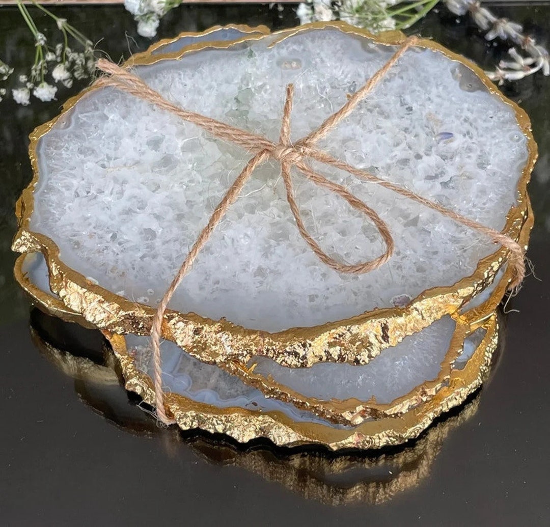 Natural White Agate Coaster Gold Electroplated Coaster - Etsy