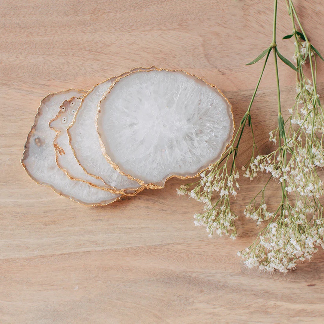 Natural White Agate Coaster | Gold Electroplated Coaster | Gift for Her ...