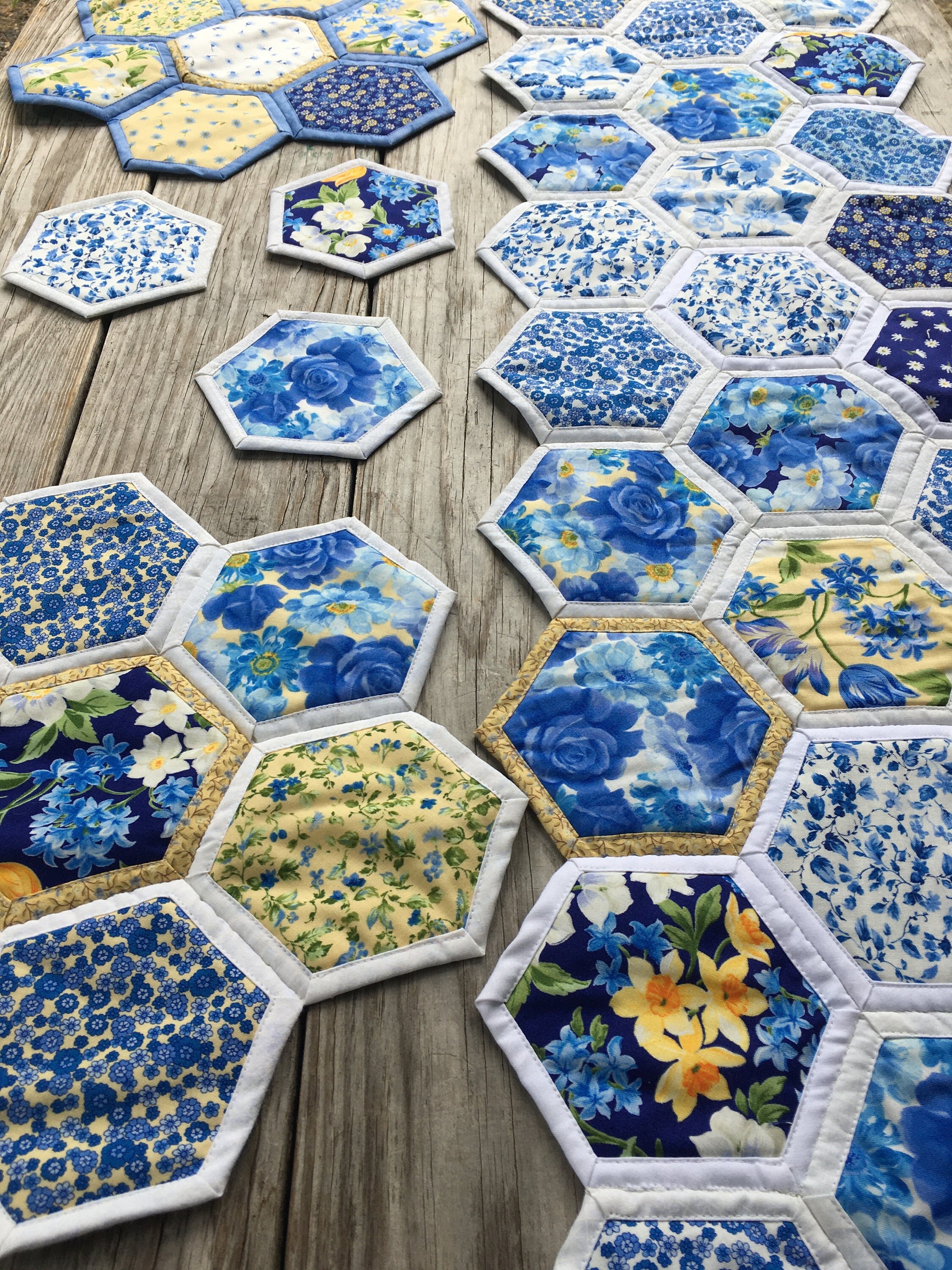 Quilted Honeycomb Blue and Yellow Floral Table Runner With Coasters and ...