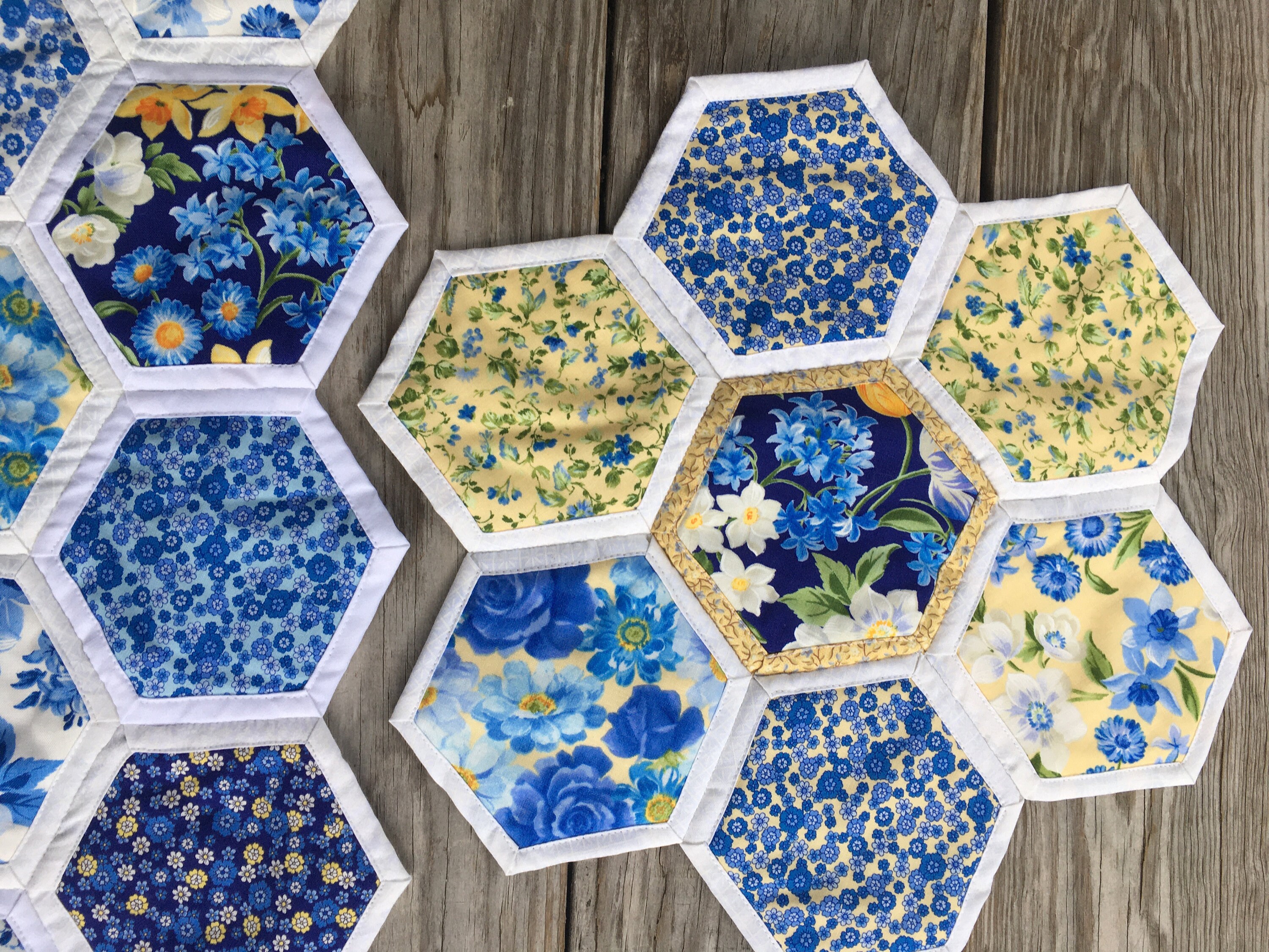 Quilted Honeycomb Blue and Yellow Floral Table Runner With Coasters and ...