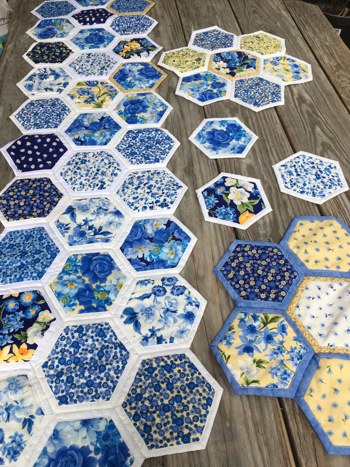 Quilted Honeycomb Blue and Yellow Floral Table Runner With Coasters and ...