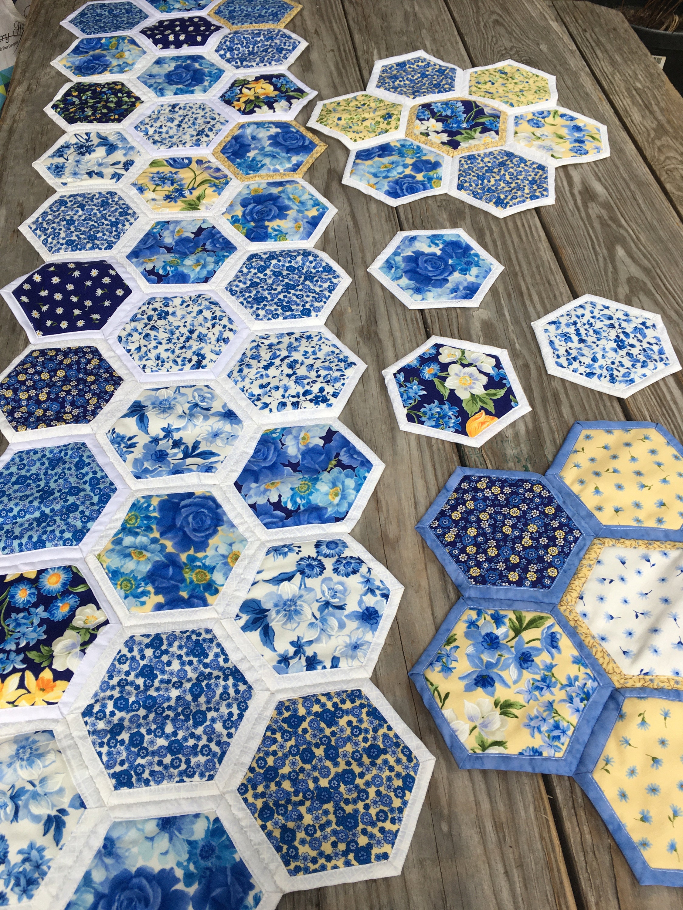 Quilted Honeycomb Blue and Yellow Floral Table Runner With Coasters and ...