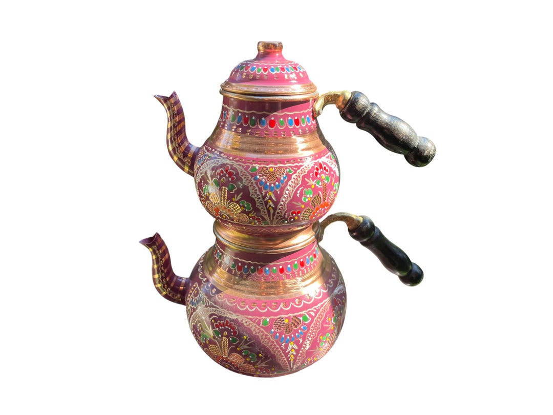 Handmade Pink Turkish Tea Pot Set, Copper Tea Kettle With Wooden ...