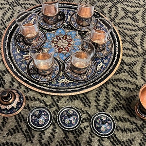 Turkish Tea Set, Blue Tea Service Set for 6 Person, Hand Painted Copper ...