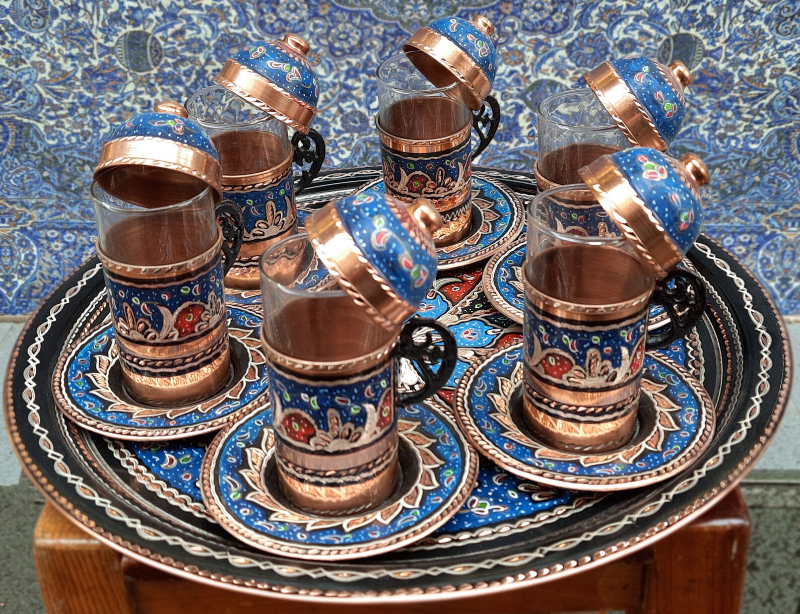 Turkish Tea Set Blue Tea Service Set for 6 Person Hand | Etsy