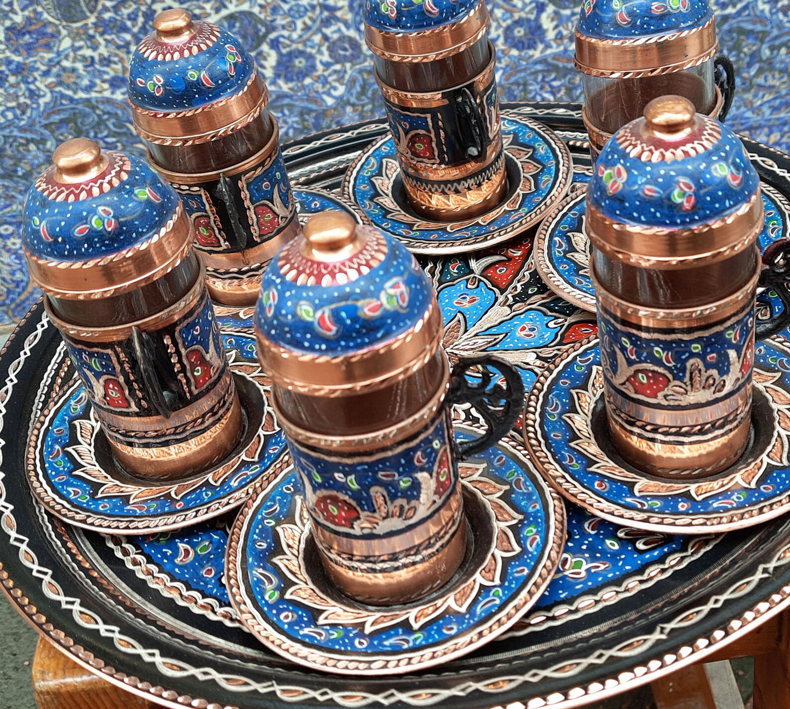 Turkish Tea Set Blue Tea Service Set for 6 Person Hand | Etsy