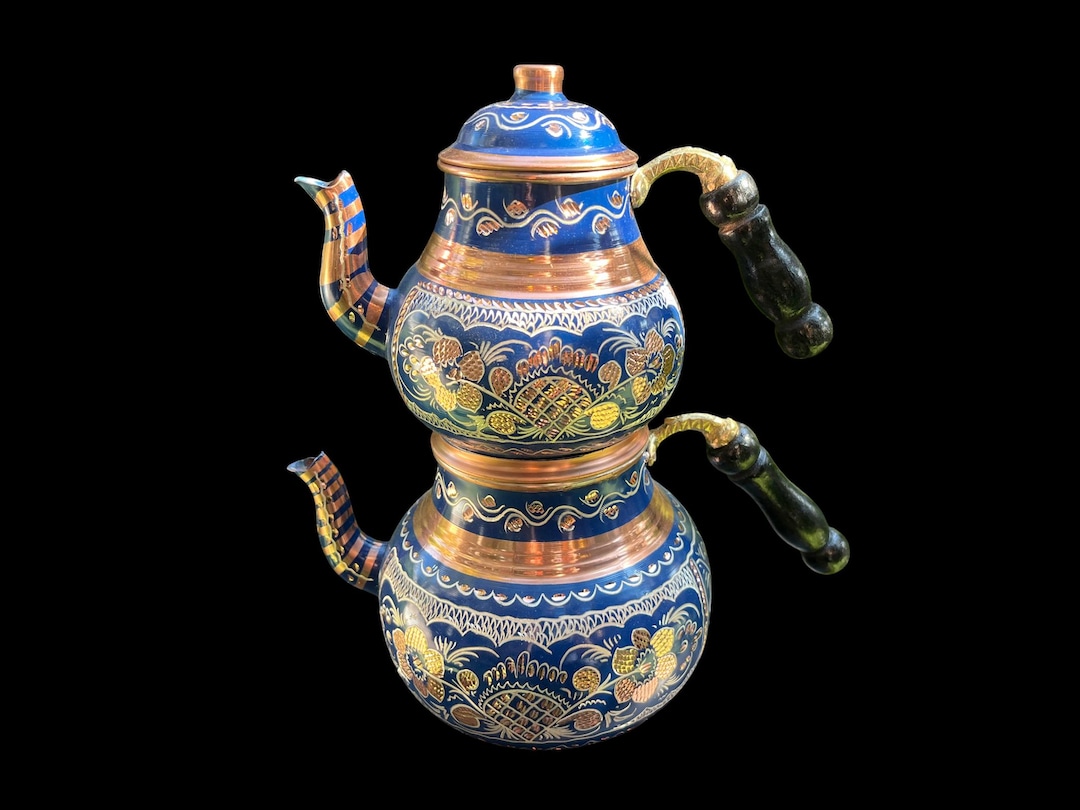 Handmade Blue Turkish Tea Pot Set, Copper Kettle With Handles, Tea ...