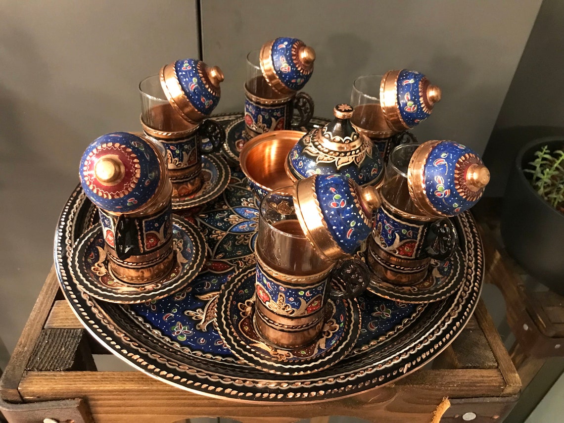 Turkish Blue Tea Serving Set With Decorative Tray for 6 | Etsy