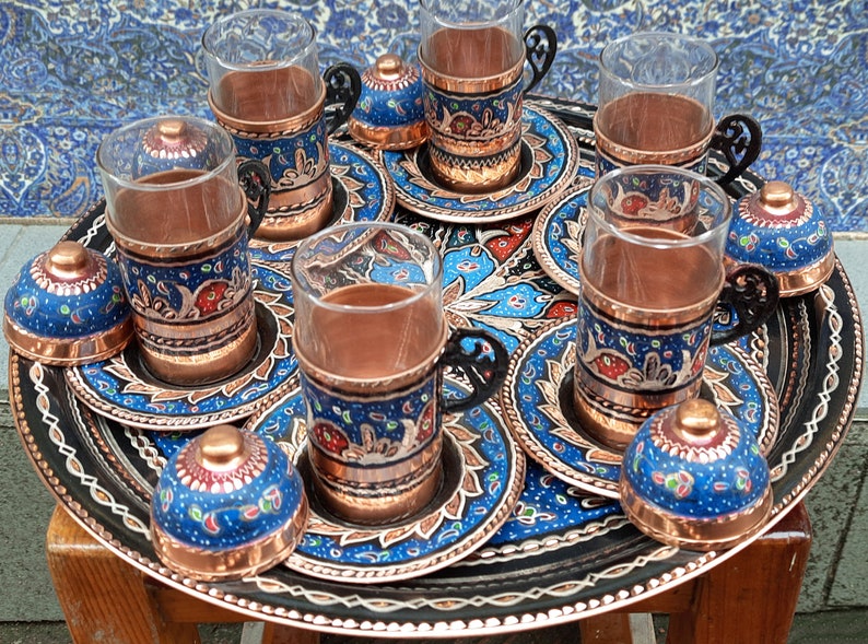 Turkish Tea Set Blue Tea Service Set for 6 Person Hand | Etsy