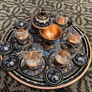 Turkish Tea Set, Blue Tea Service Set for 6 Person, Hand Painted Copper ...