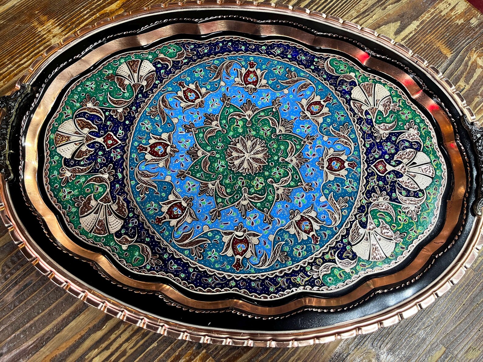 Hand Painted Floral Copper Tray: Decorative Serving Tray With Handles ...