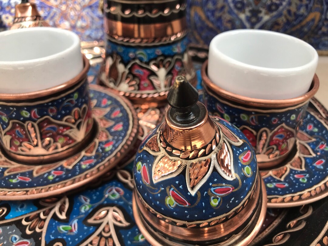 Handmade Coffee Serving Set for 2 Person, Hand Painted Copper Coffee ...