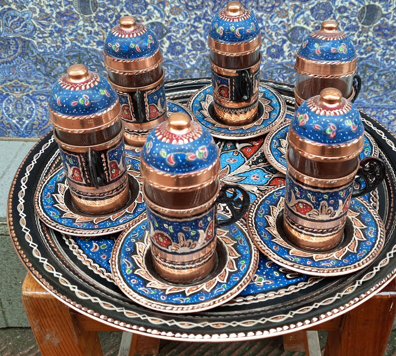 Turkish Tea Set Blue Tea Service Set for 6 Person Hand | Etsy