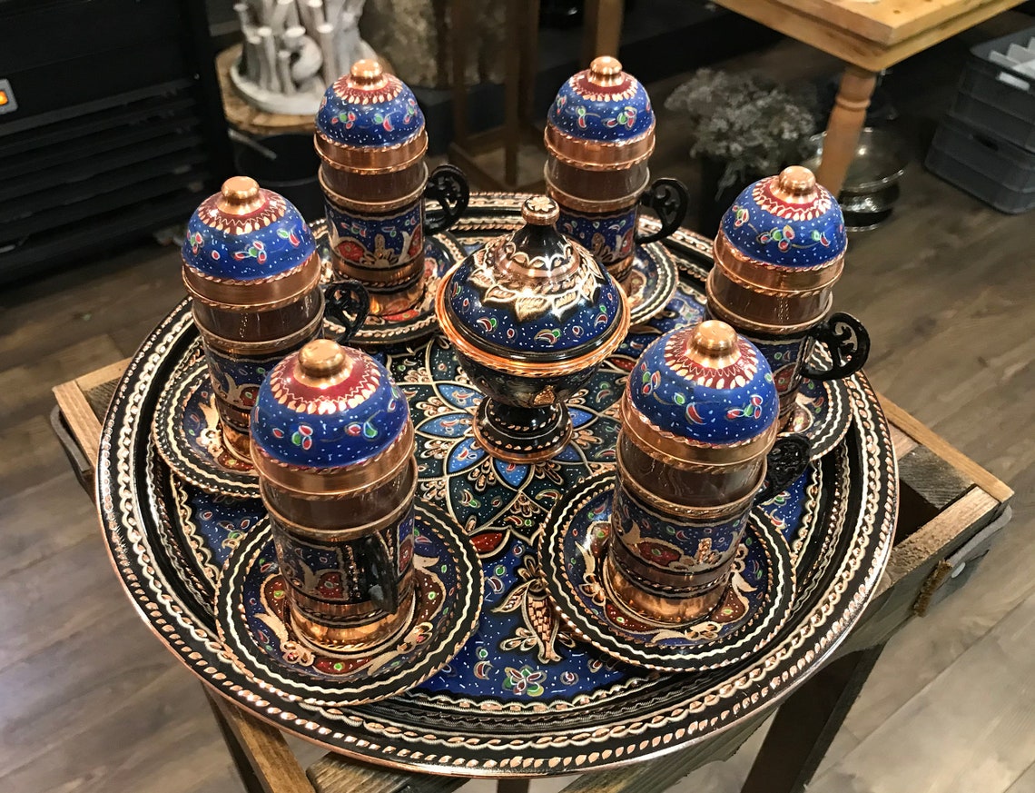 Turkish Blue Tea Serving Set With Decorative Tray for 6 | Etsy