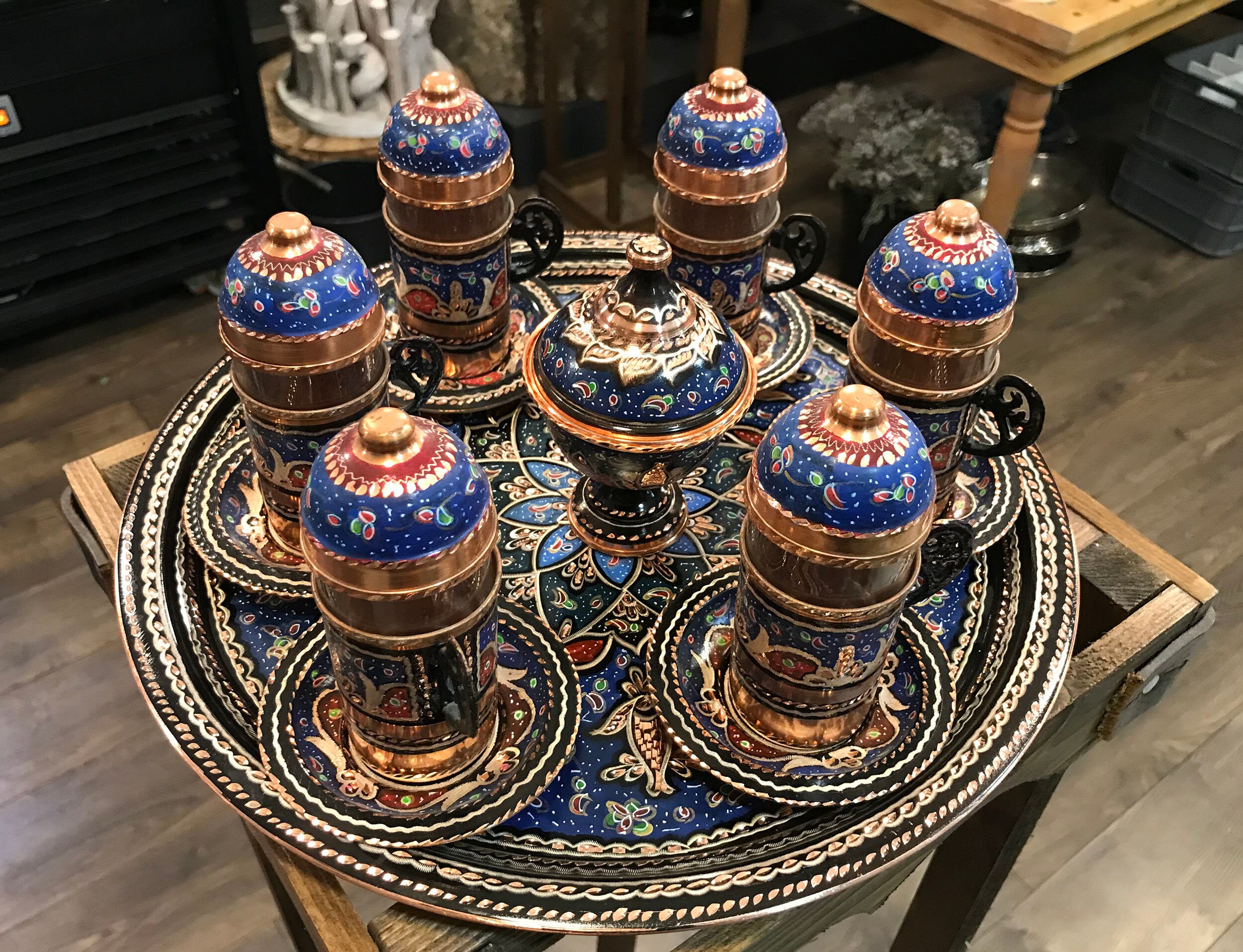Turkish Blue Tea Serving Set With Decorative Tray for 6 | Etsy