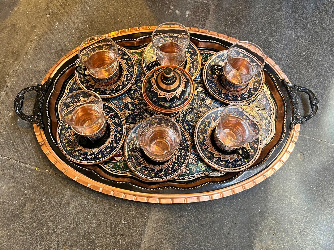 Turkish Blue Tea Serving Set With Decorative Tray for 6, Copper Tea Set ...