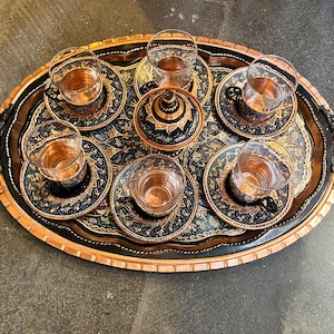 Turkish Blue Tea Serving Set With Decorative Tray for 6, Copper Tea Set ...