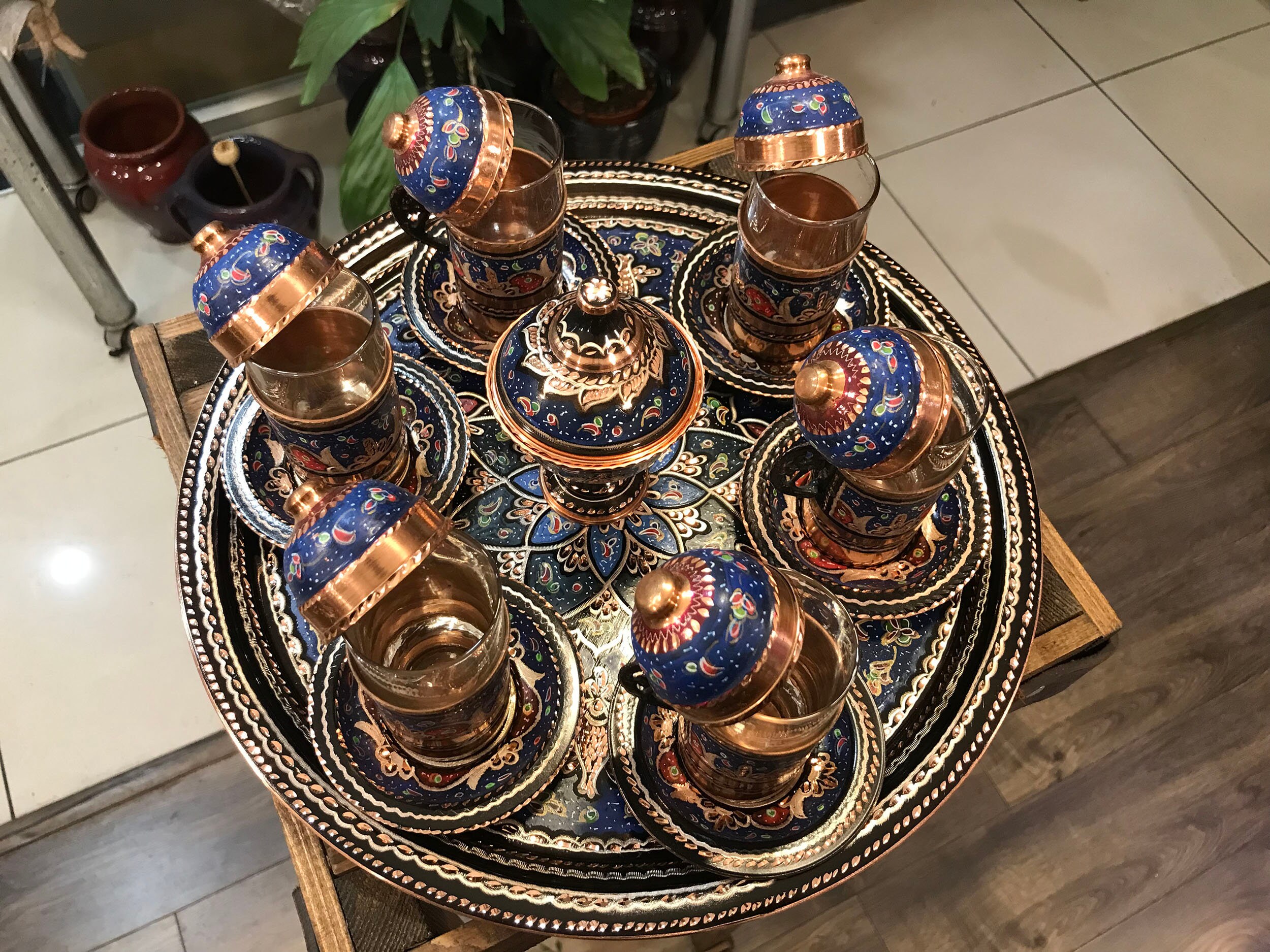 Turkish Blue Tea Serving Set With Decorative Tray for 6 | Etsy